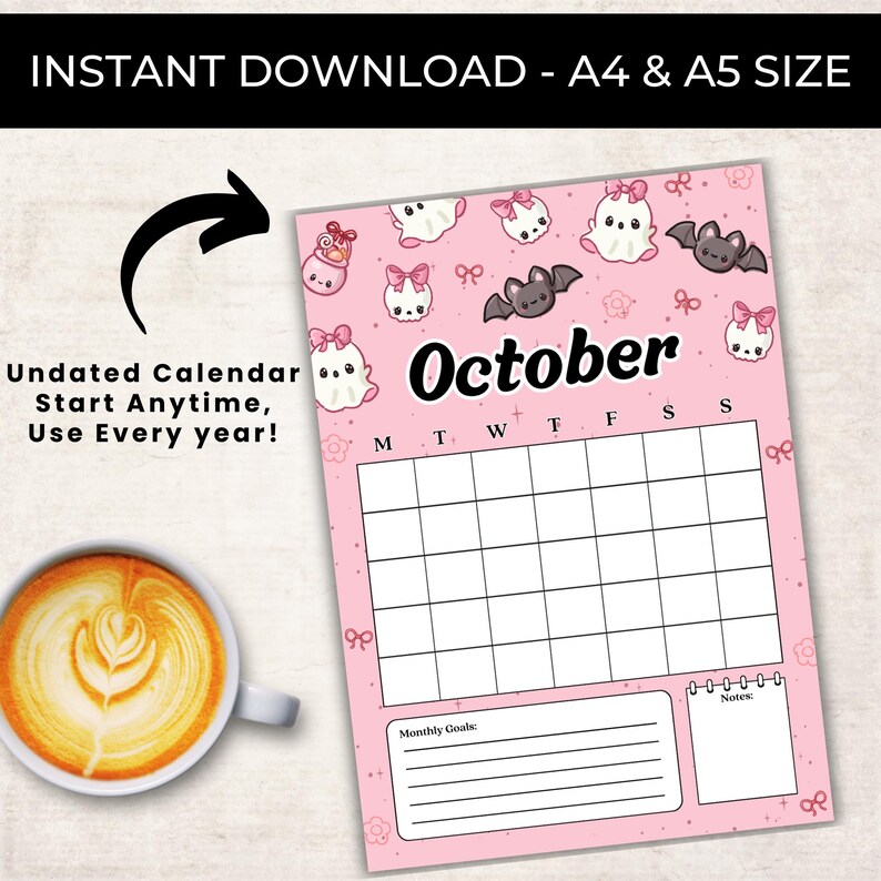 Printable October Calendar| Halloween Theme October Calender| Pink ...