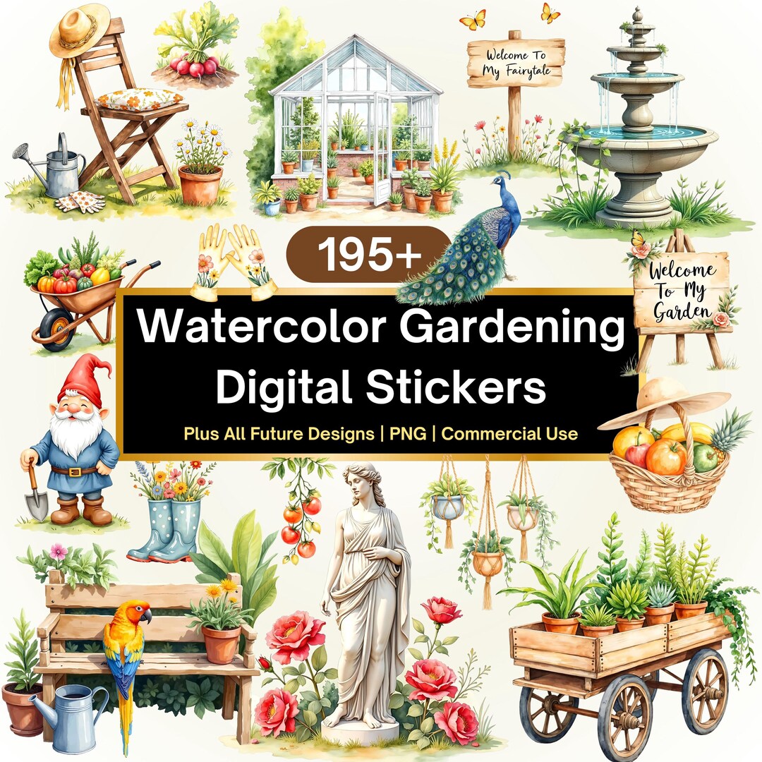 195+ Precropped Gardening Digital Stickers| Watercolor Gardening ...