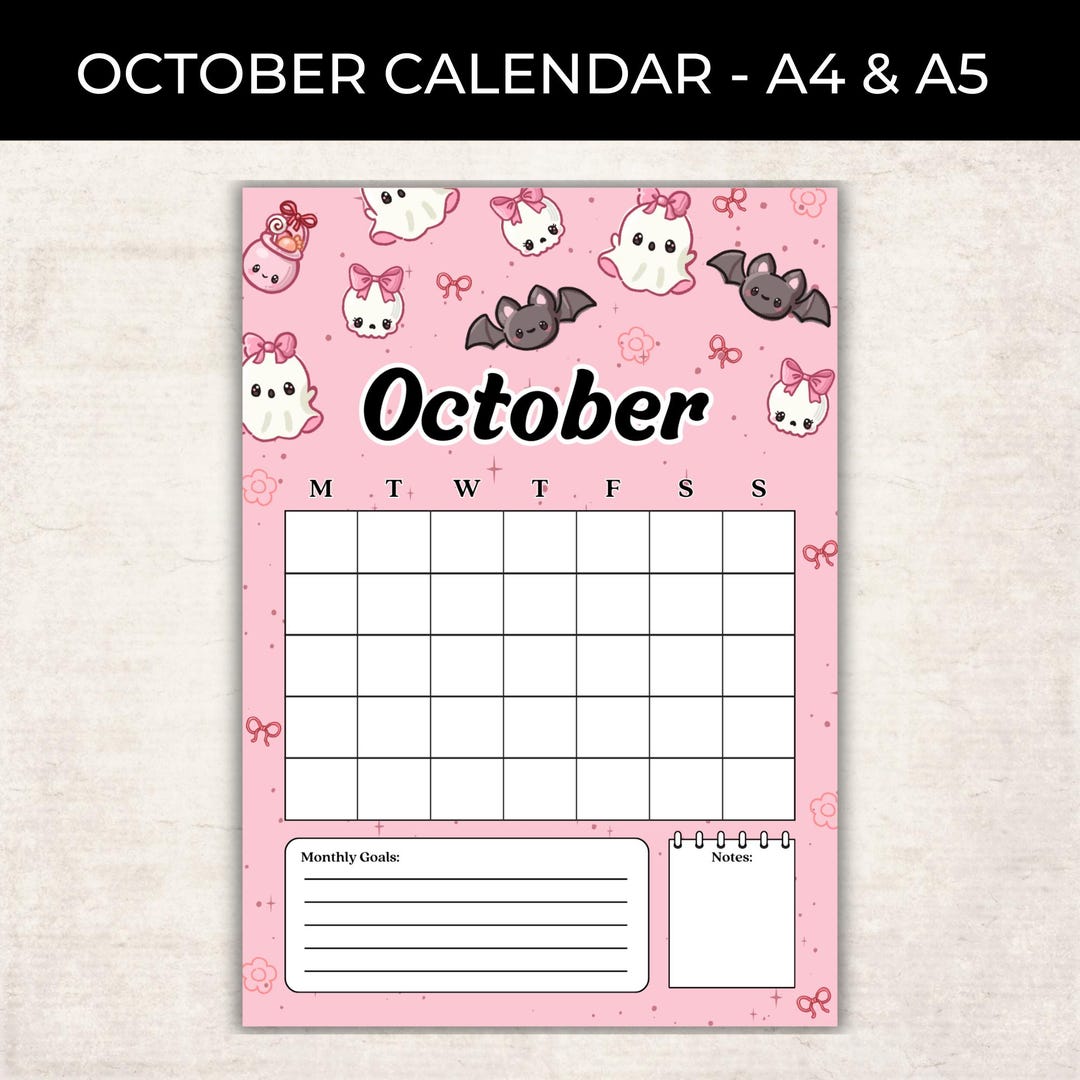 Printable October Calendar| Halloween Theme October Calender| Pink ...