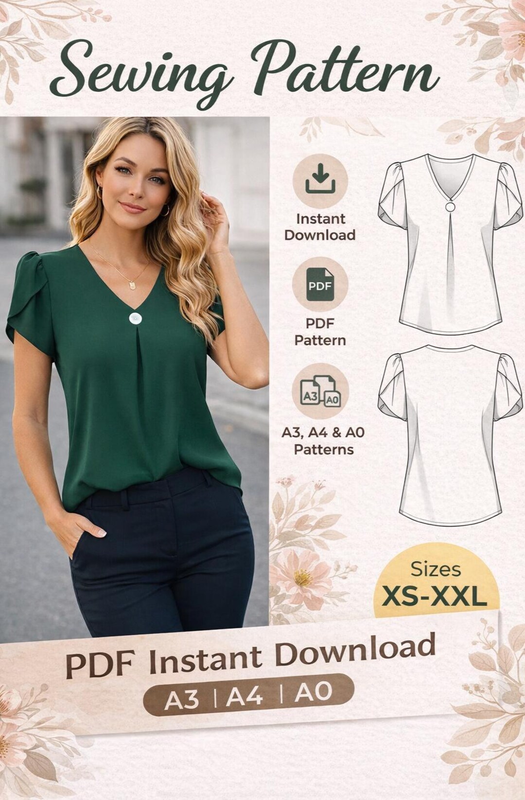 Pleated Front Blouse Sewing Pattern PDF - Digital Download- Women's V ...