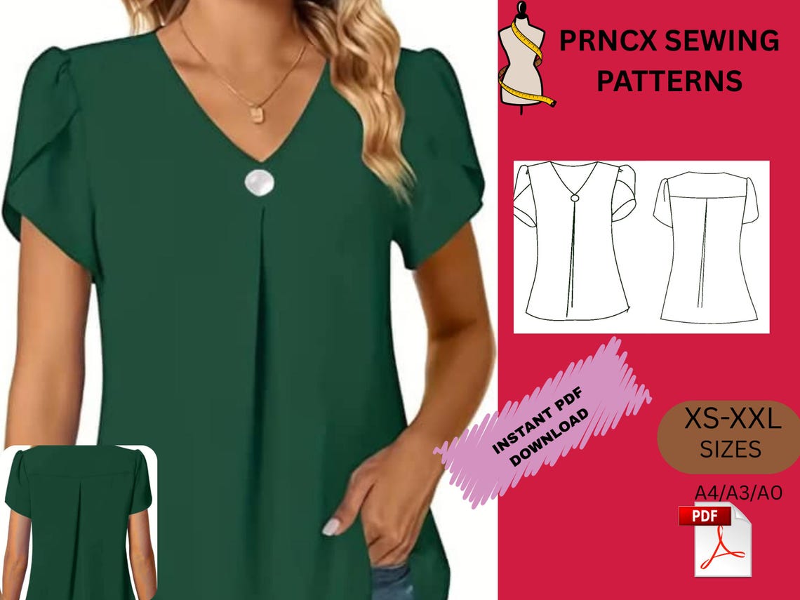 Pleated Front Blouse Sewing Pattern PDF - Digital Download- Women's V ...