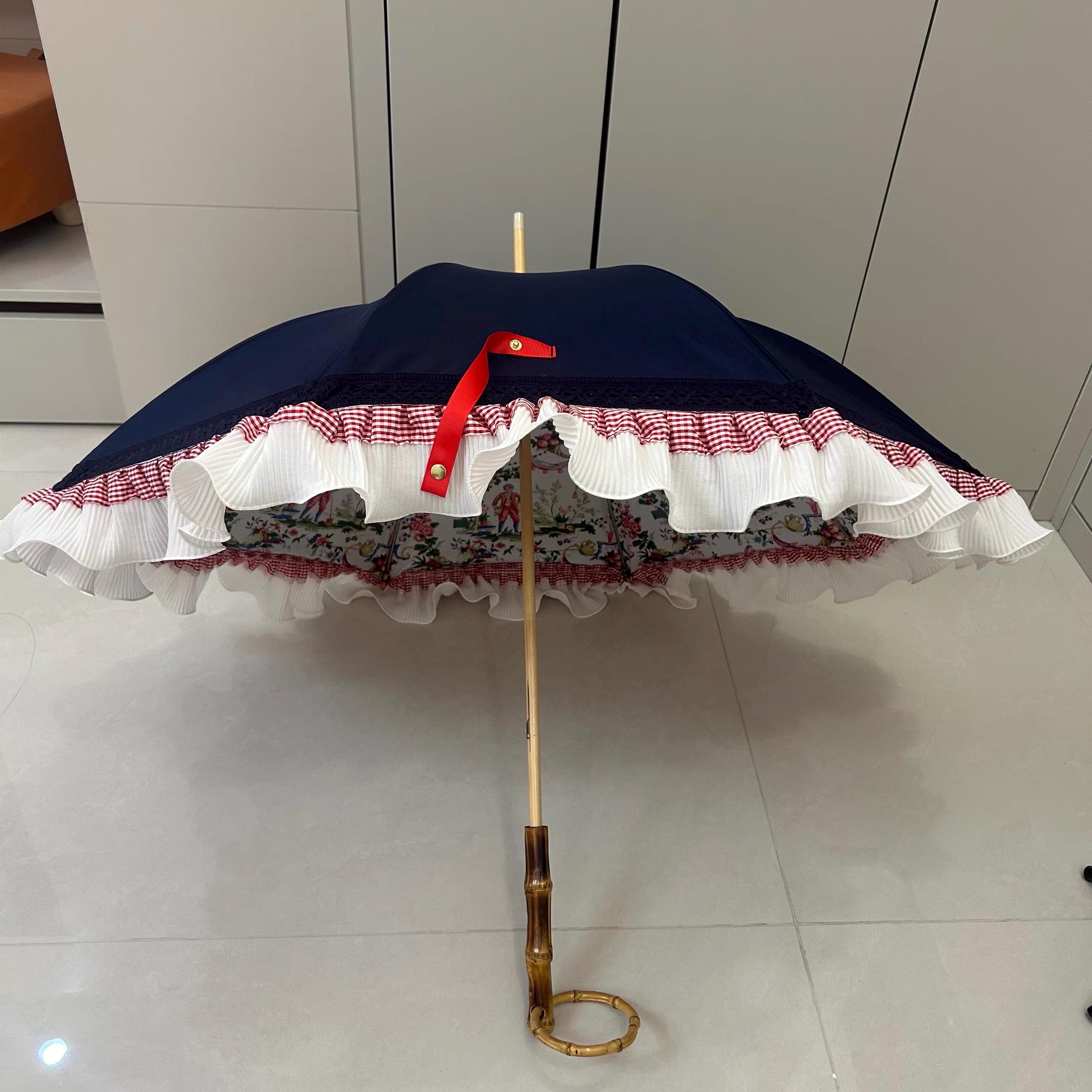 Vintage Navy Ruffle Parasol With Red & White Lace Trim | Elegant Sun ...