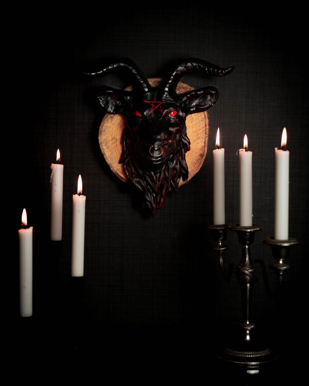 Hand-sculpted Satanic Ram Wall Mount: Red Eyes, Pentagram Piercings - Etsy