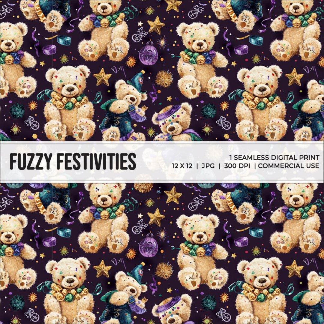 Fuzzy Festivities Seamless Print | Mardi Gras Teddy Bear Digital ...
