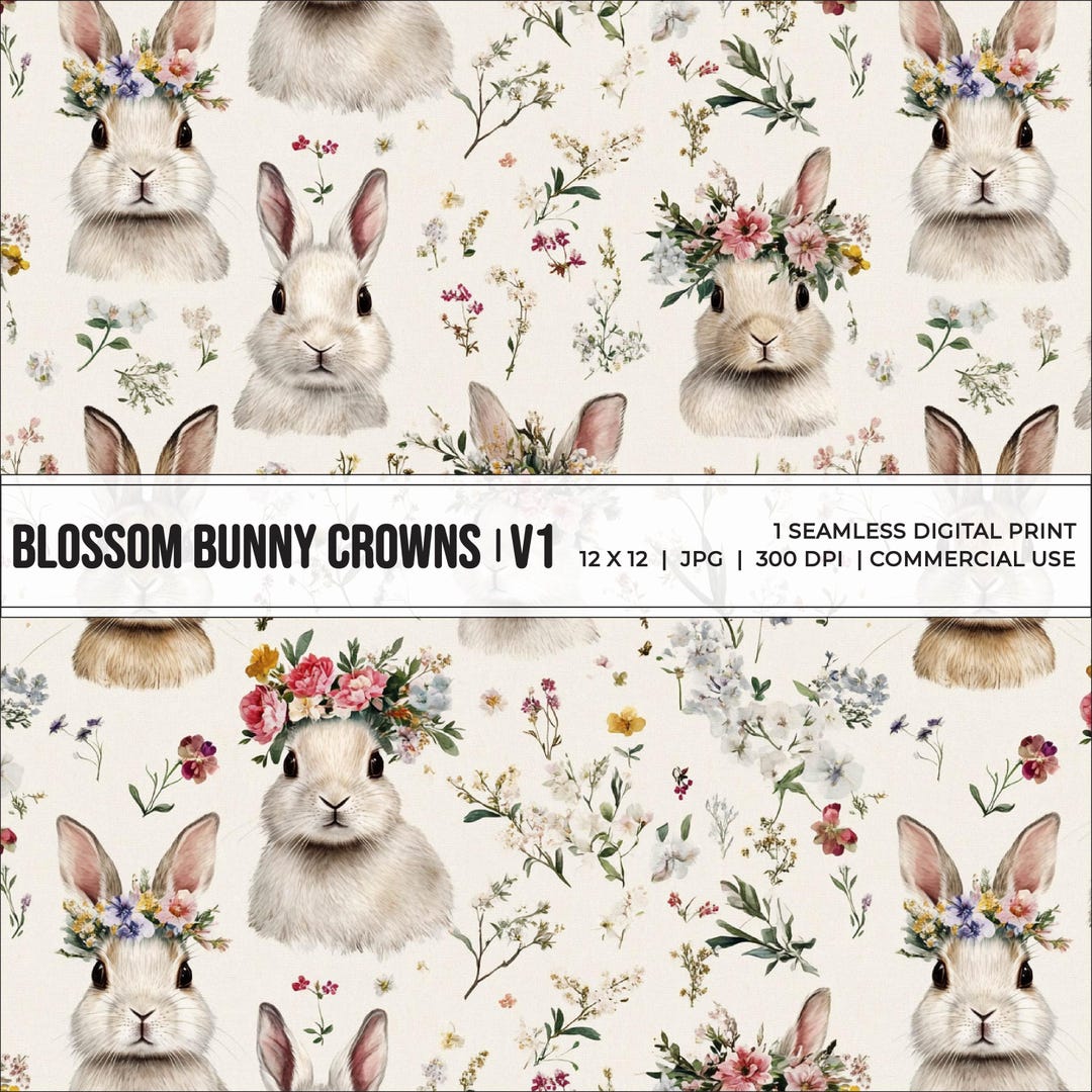 Blossom Bunny Crowns | Floral Crown Bunny Seamless Pattern | Spring ...