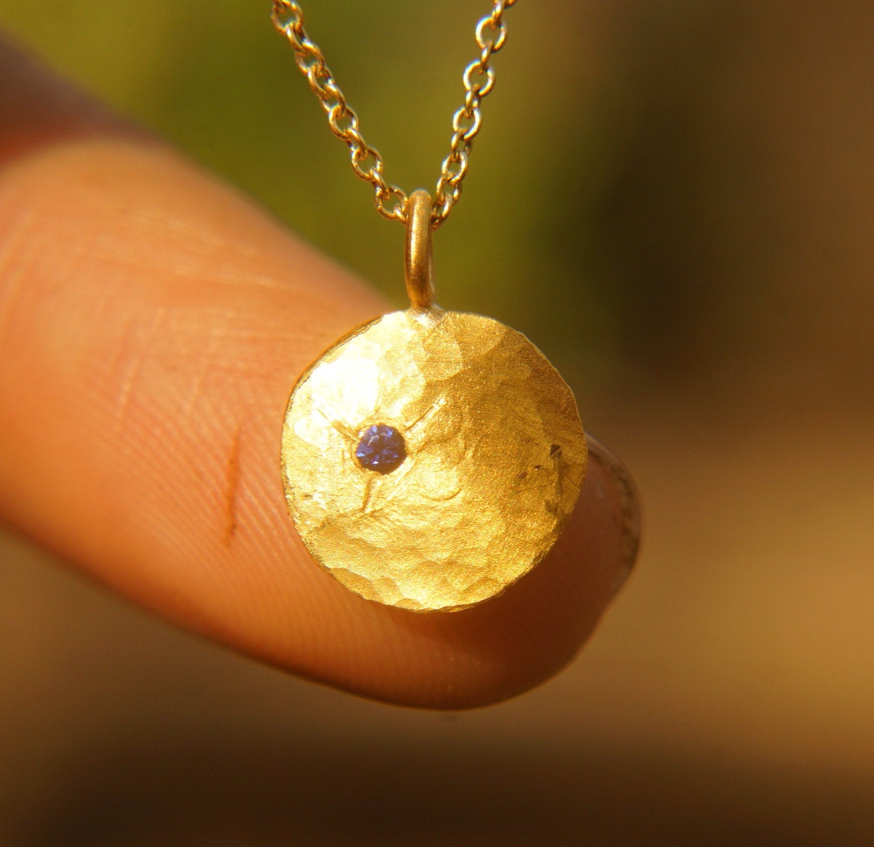 24k Gold Sapphire Charm Pendant Disc Pendant Gold Sapphire Pendant ...
