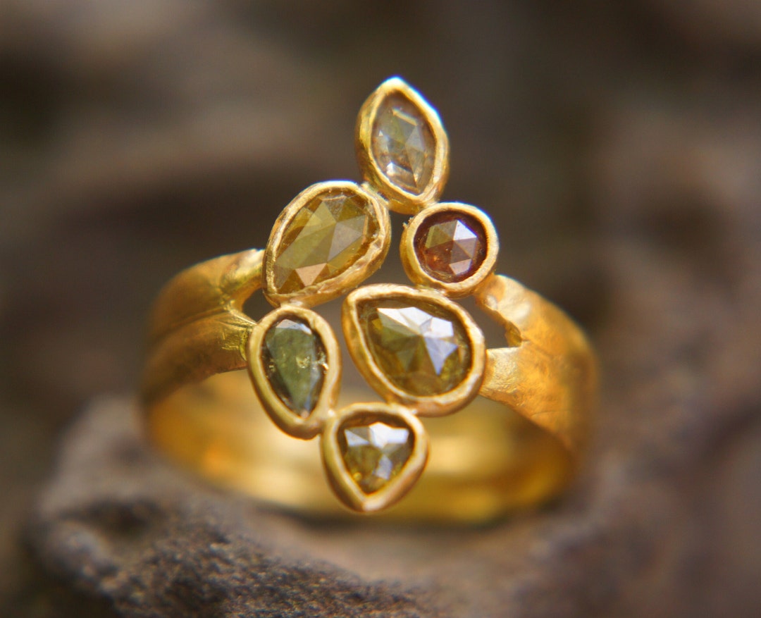 24k Gold Diamonds Ring//artisan Champagne Diamond Ring//24k Champaign ...