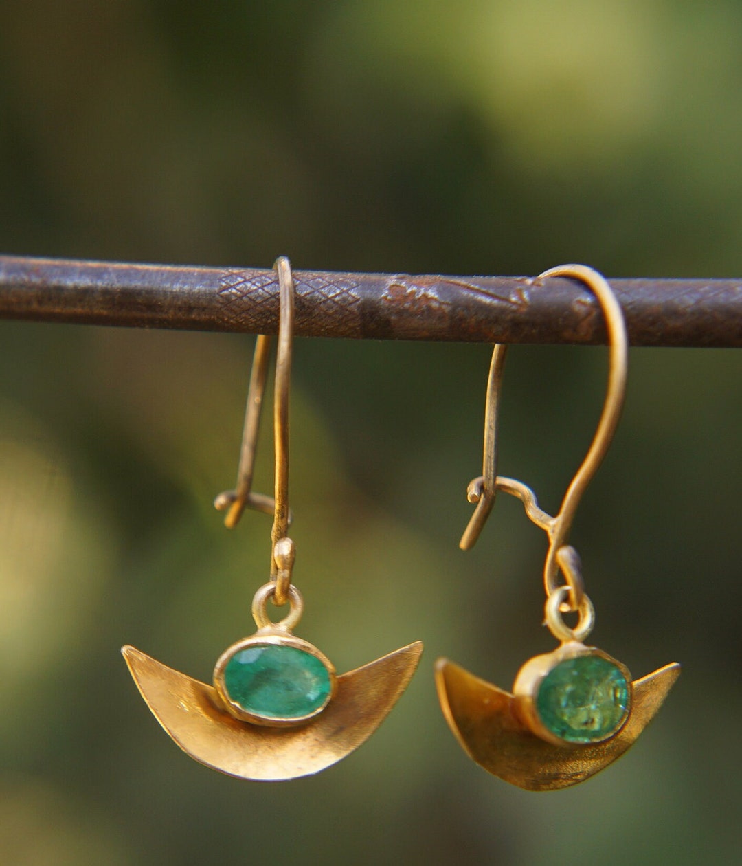 Emerald Gold Dangle, 24k Solid Gold Earrings, Handmade Artisan Emerald ...