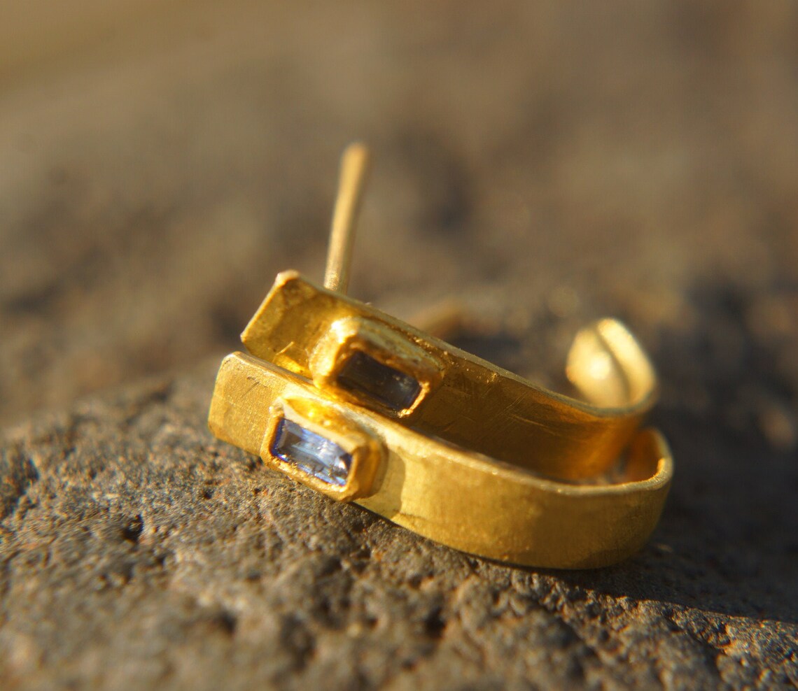 Sapphire Gold Hoops 22k Solid Gold Hand Made Artisan Gold | Etsy