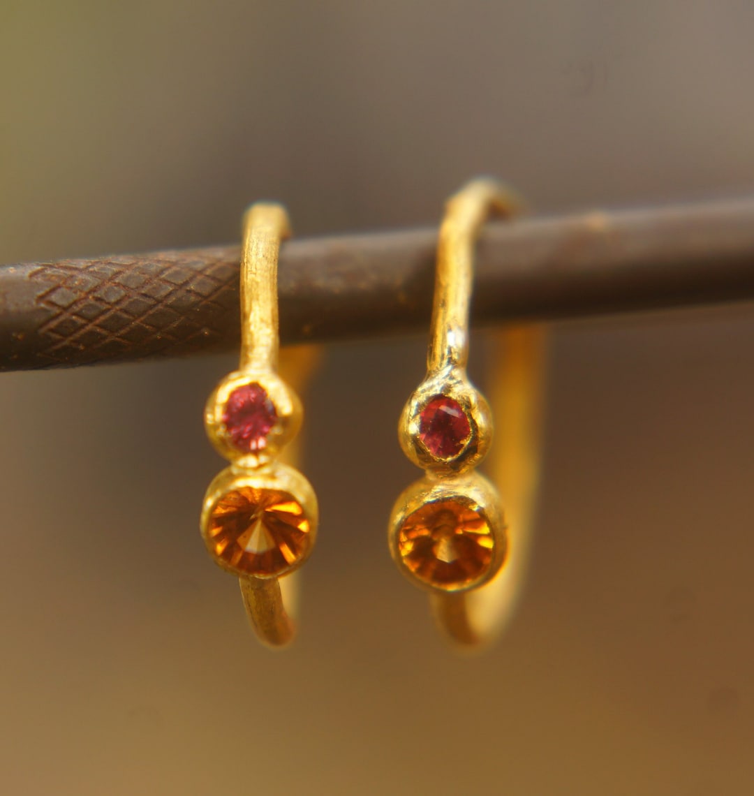 Red Gem Gold Hoops 24k Solid Gold, Hand Made Artisan Gold Hoops. Gold ...