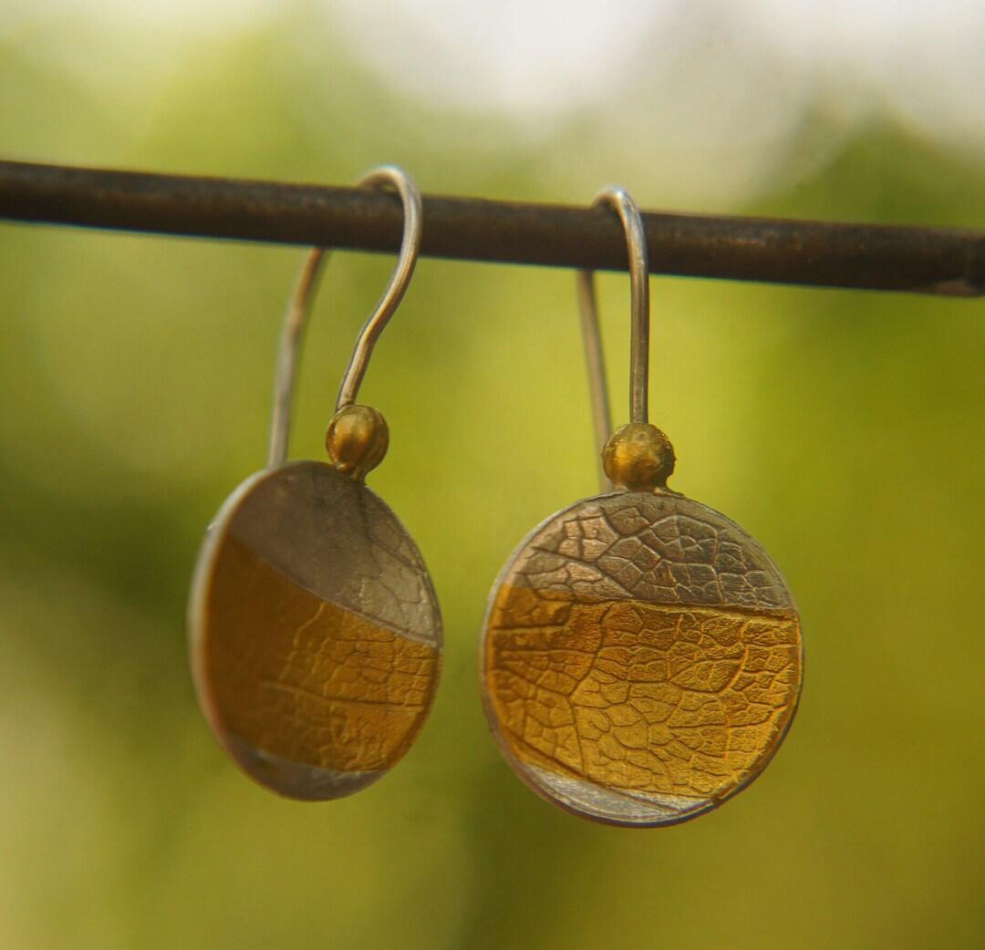 Silver and 24k Solid Gold Leaf Texture Earrings ,organic Earrings Leaf ...