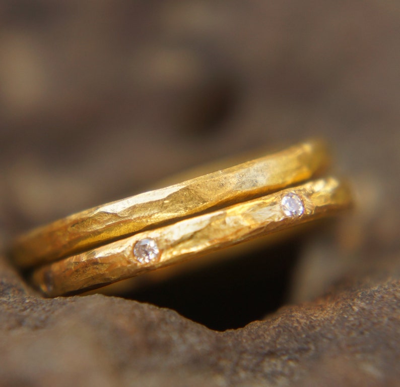 Wedding Ring Set//gold Diamond Ring//hammered Diamond - Etsy
