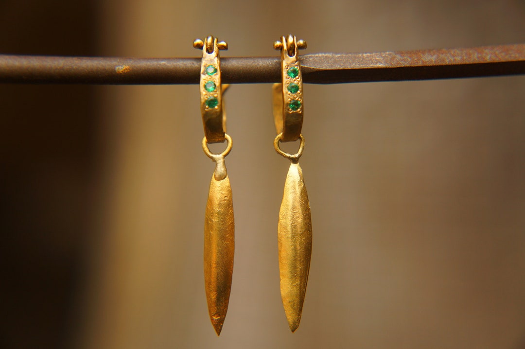 22k Gold Emerald Hoops//gold Leaf Earrings//artisan Emerald Earrings ...