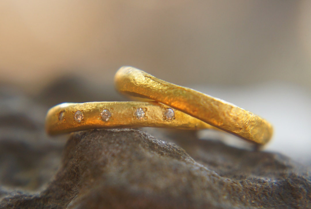 Wedding Ring Set//24k Gold and Diamonds Ring//organic Engagement Ring ...