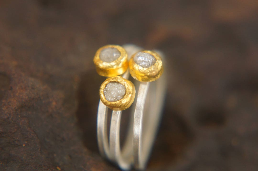 3 Rough Diamond Ring-gold Stacking Ring-stacking Rings Set-gefen ...