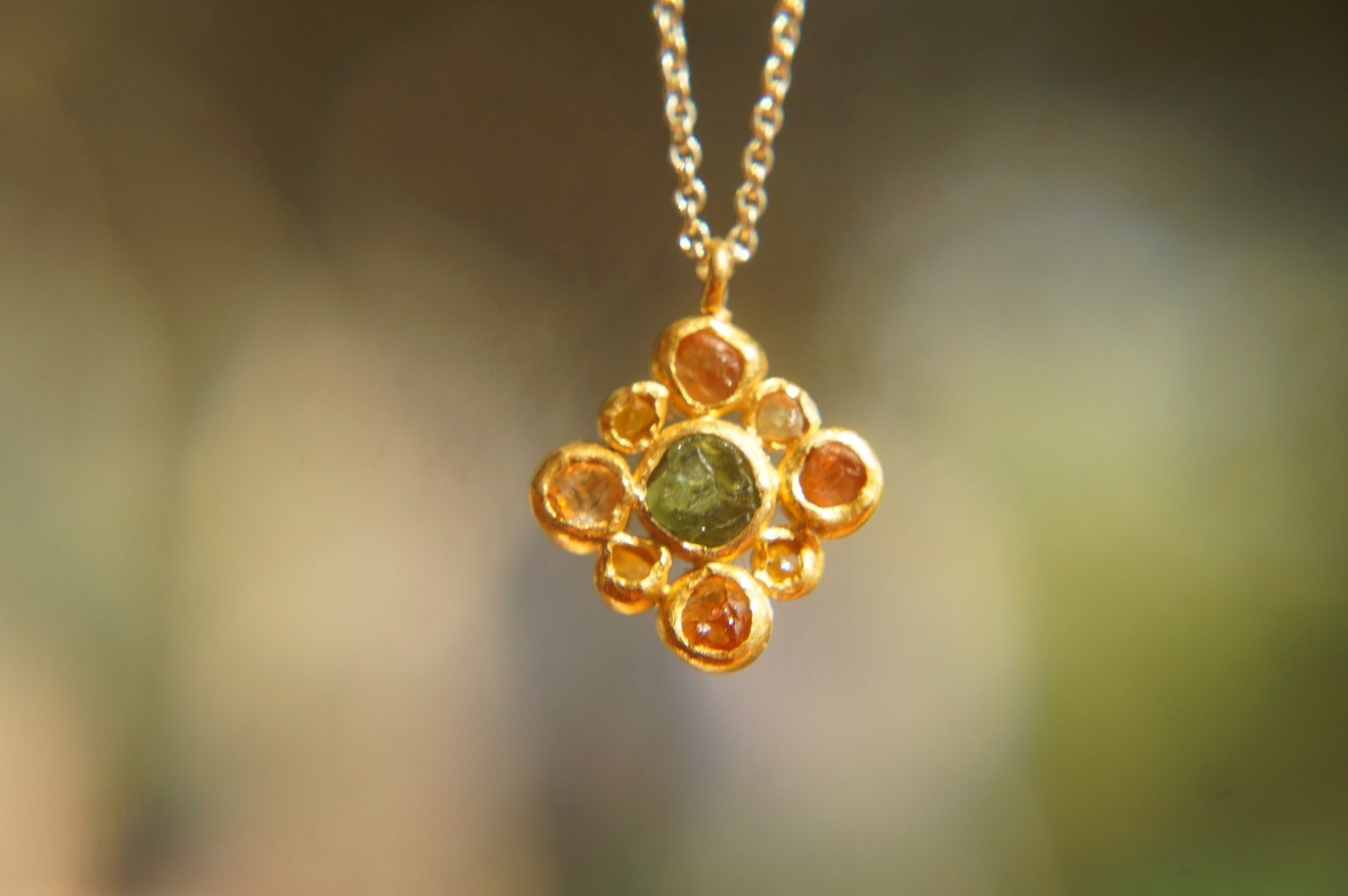 24k gold pendant//24k gold cross//gold artisan charm//green | Etsy