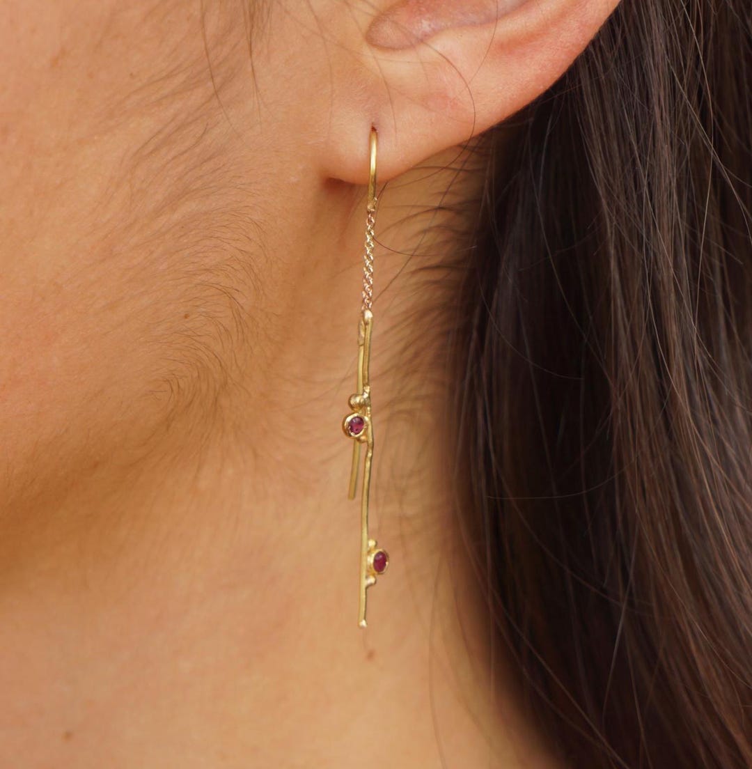 24k Long Gold Threaders//24k Gold Ruby Threaders Earrings//gold Red ...