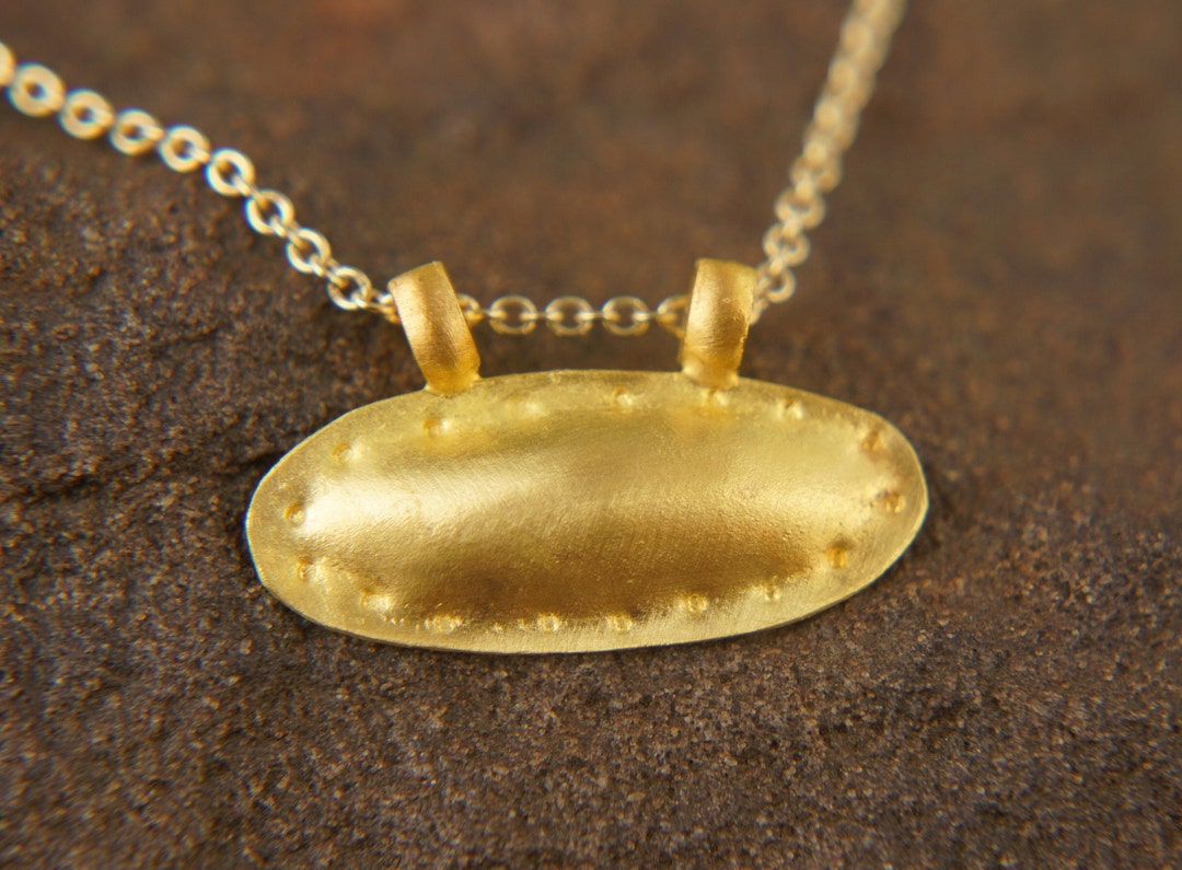 Solid 24k Gold Pendant//gold Oval Necklace//dotted Charm Pendant//solid ...