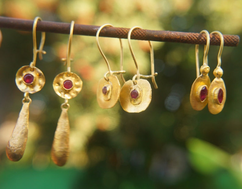 24k Gold Dangle Ruby Earring, Hand Made One of a Kind Gold Dangle ...