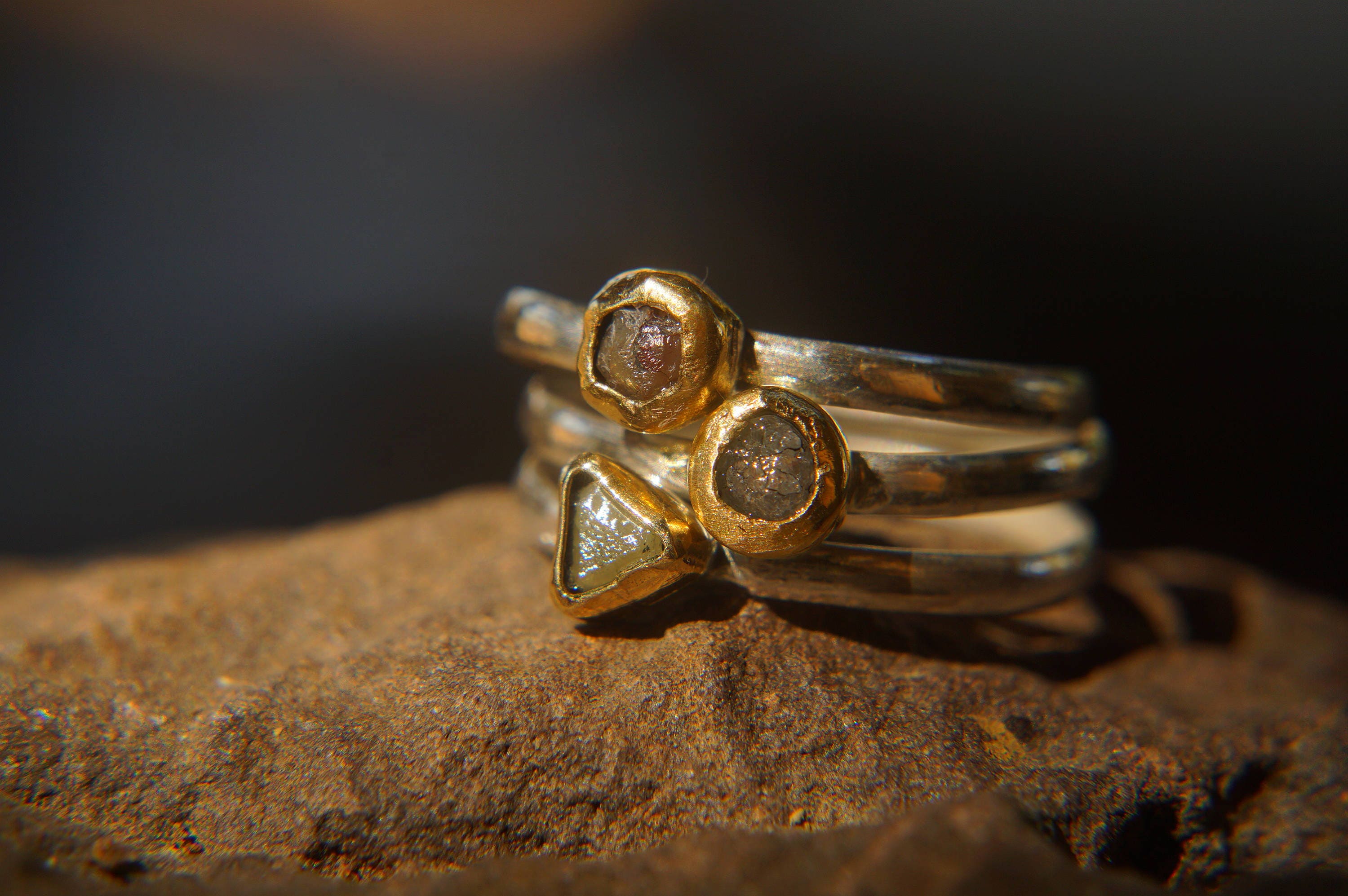 3 rough diamond ring-gold stacking ring-stacking rings | Etsy