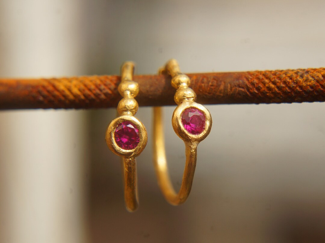 Ruby Gold Hoops 22k Solid Gold//handmade Artisan Gold Hoops//gold Small ...