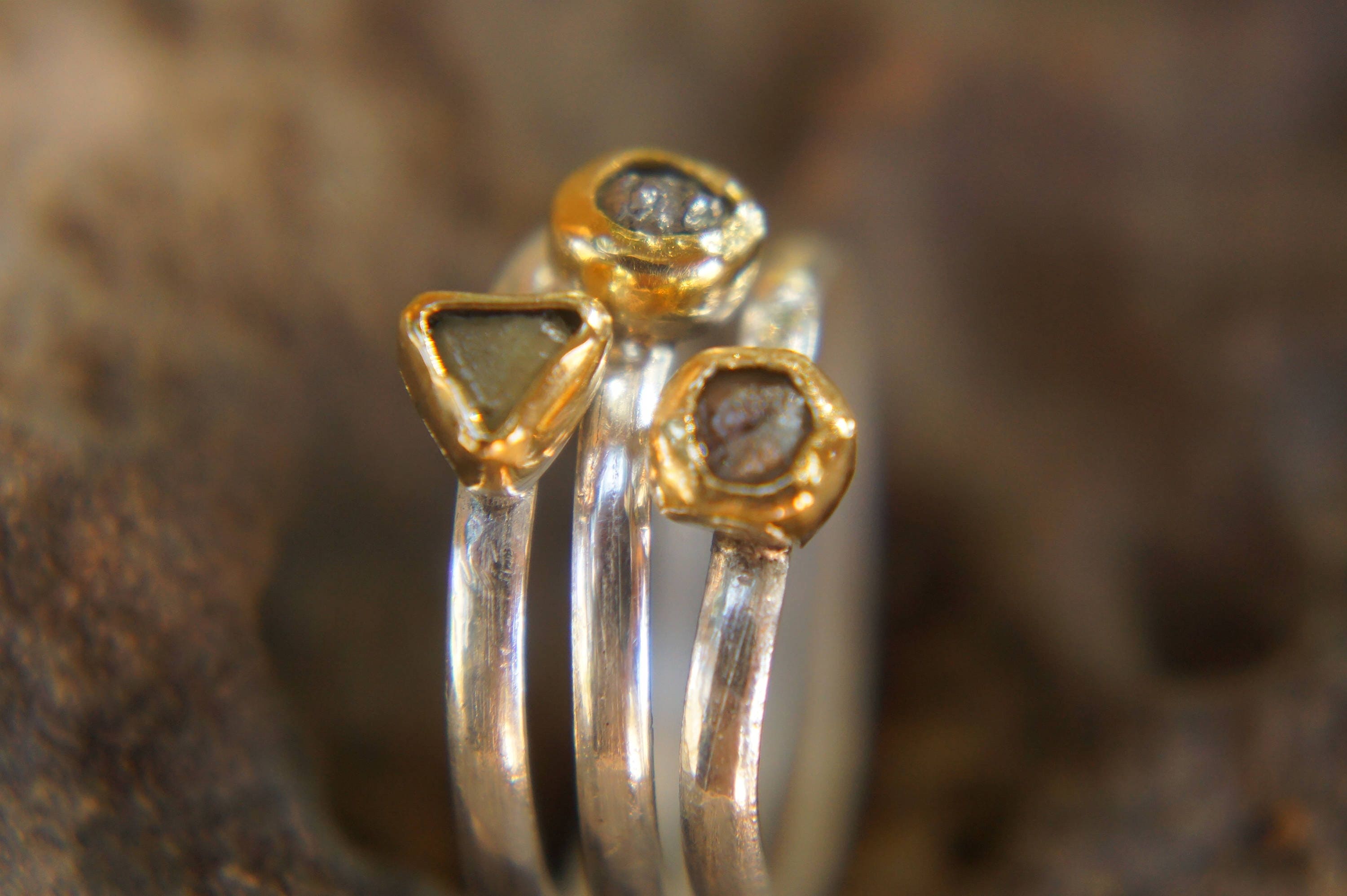 3 Rough Diamond Ring-gold Stacking Ring-stacking Rings | Etsy