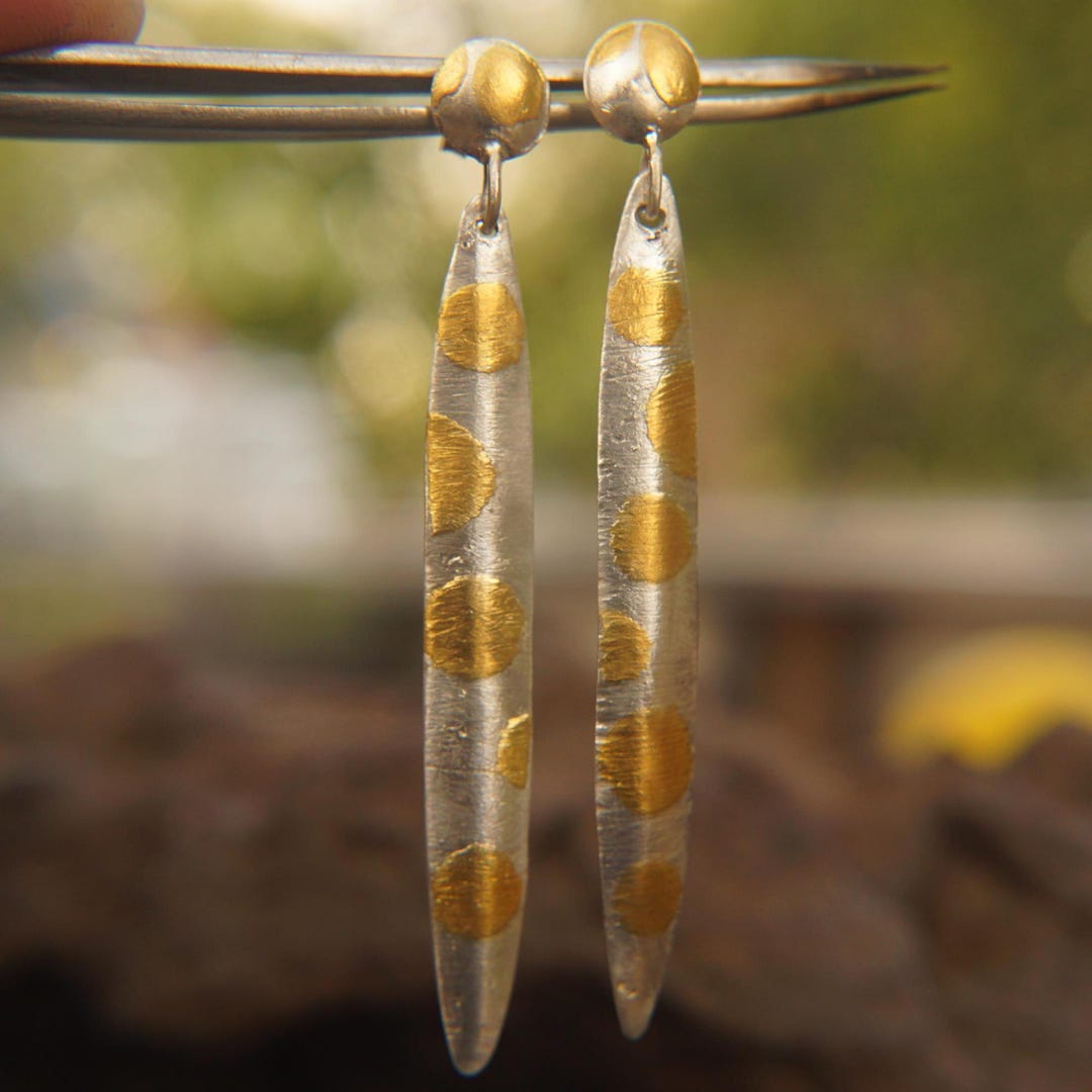 Silver and 24k Solid Gold Keum Boo Leaf Earrings//organic Gold Dots ...