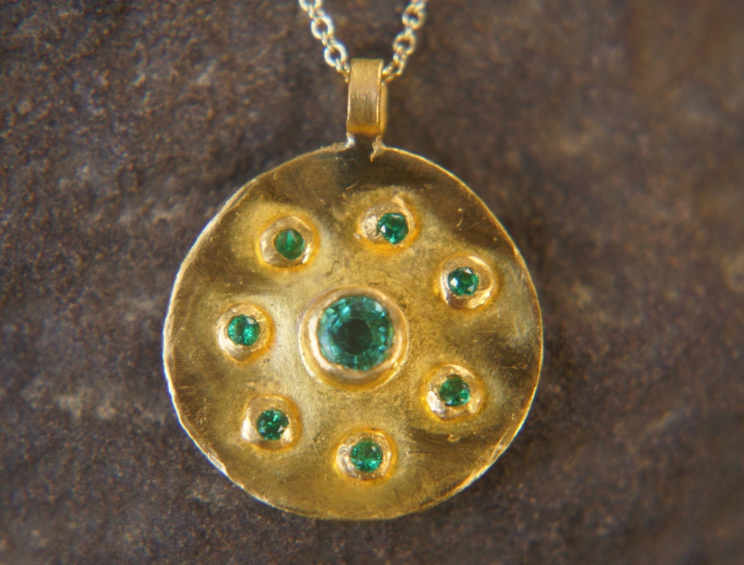 Big 24k Gold Emerald Pendant//round 24k Gold Emerald Necklace//multi ...
