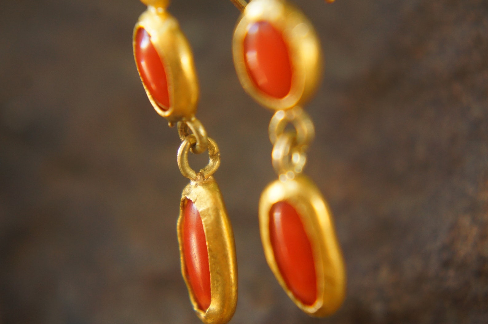 Solid 24k Gold//red Coral Earrings//24k Gold Coral Dangle// 24k Gold ...
