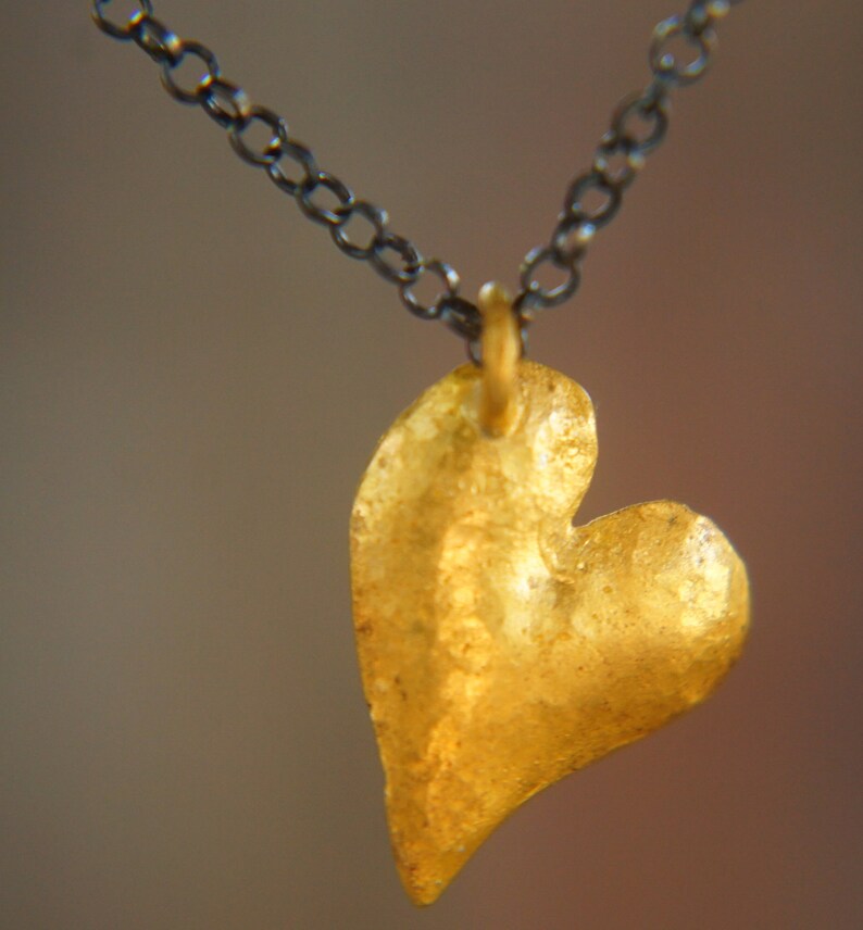Gold Heart Pendant, Gold Hammered Necklace,organic Rustic Heart Chain ...