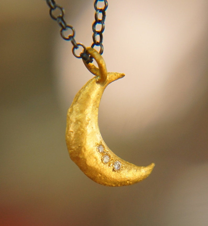 Diamonds Moon Pendant, Gold Hammered Necklace,organic Rustic Moon ...