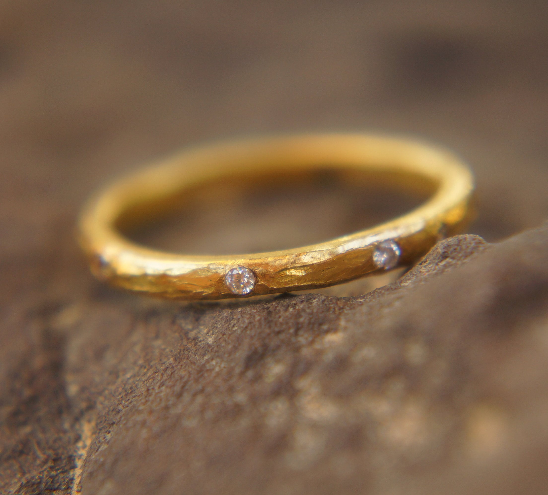 Wedding Ring Set//gold Diamond Ring//hammered Diamond Engagement Ring ...