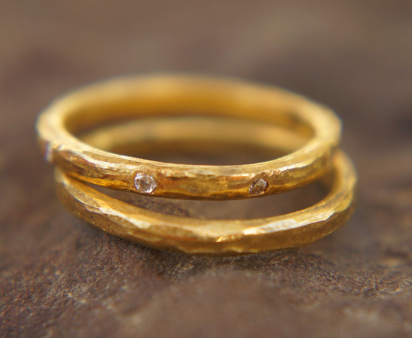 Wedding Ring Set//gold Diamond Ring//hammered Diamond Engagement Ring ...