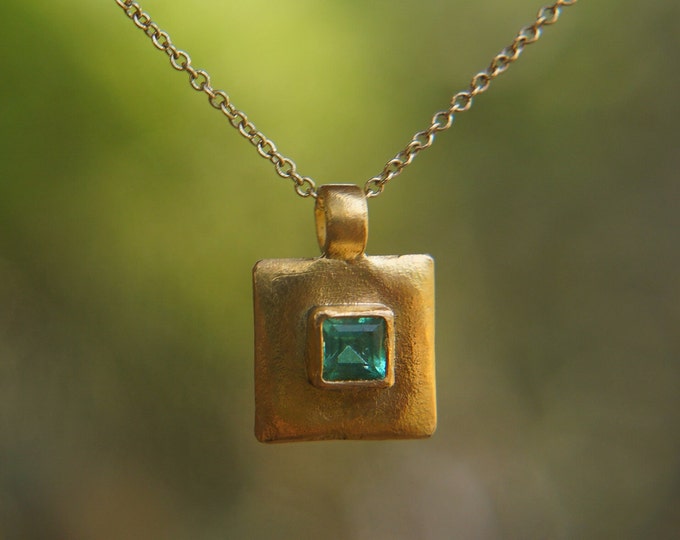 Solid 24k Gold Pendant//gold Square Emerald Pendant//artisan Gold ...