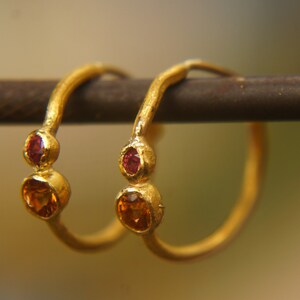 Red Gem Gold Hoops 24k Solid Gold, Hand Made Artisan Gold Hoops. Gold ...