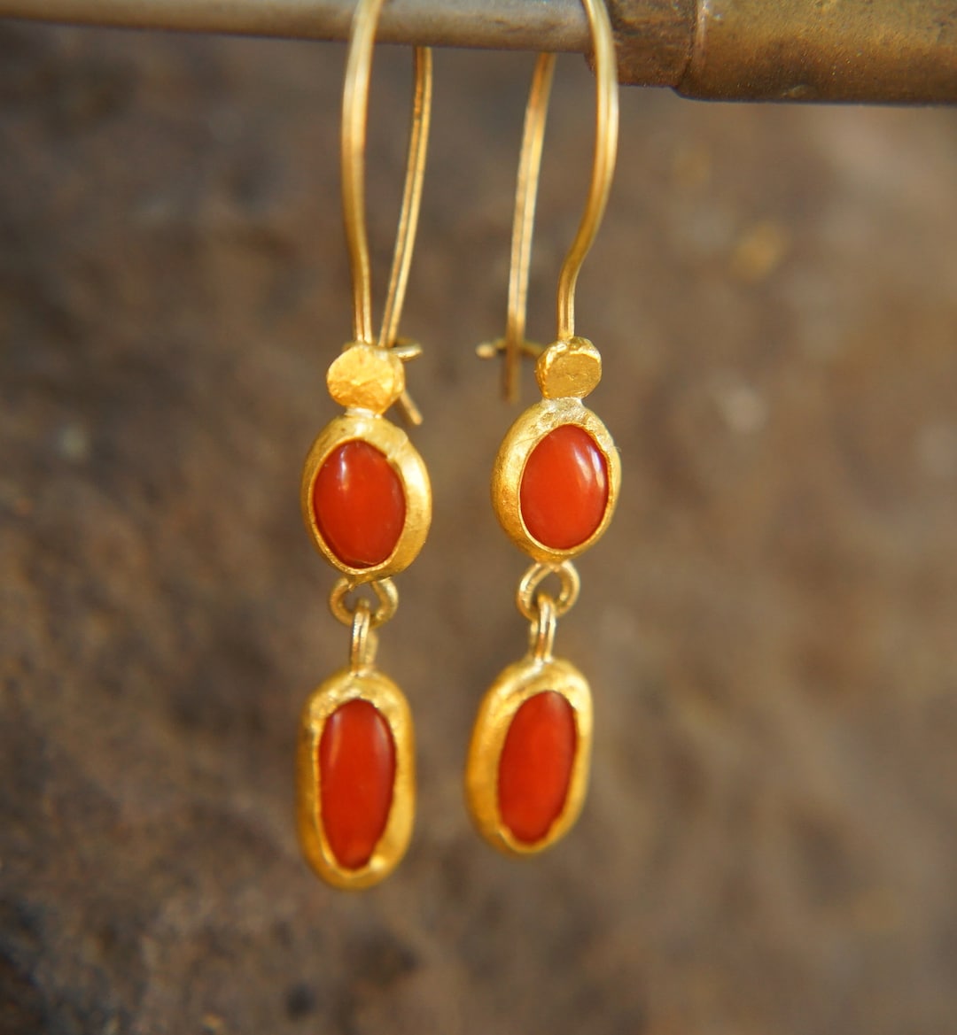 Solid 24k Gold//red Coral Earrings//24k Gold Coral Dangle// 24k Gold ...