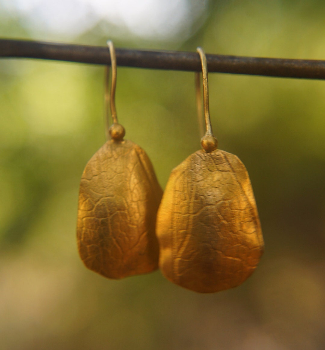 24k Solid Gold Leaf Texture Earrings ,gold Organic Earrings Leaf ...