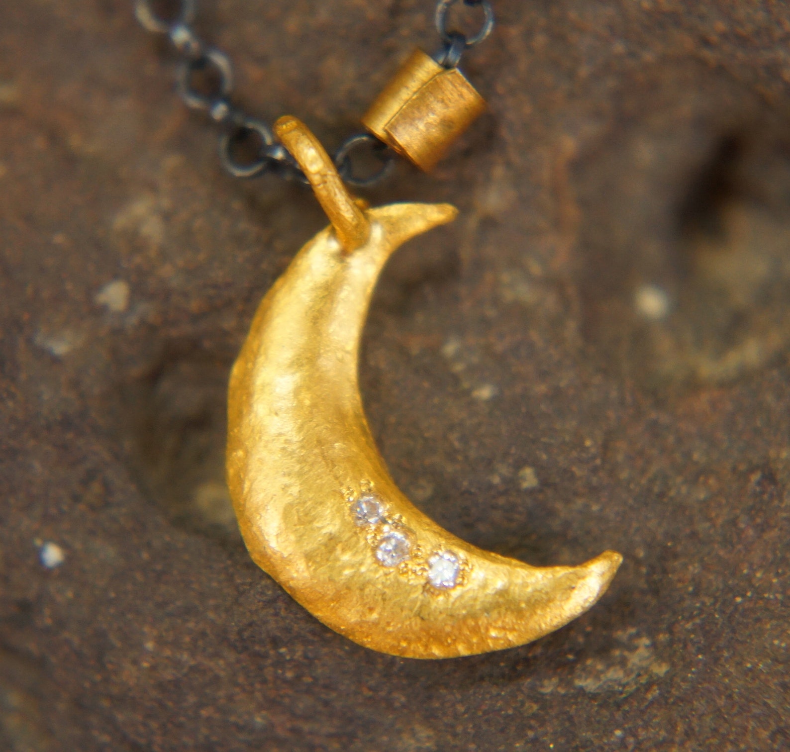 Diamonds Moon Pendant, Gold Hammered Necklace,organic Rustic Moon ...