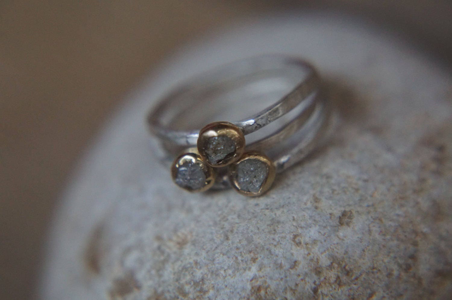 3 Rough Diamond Ring-gold Stacking Ring-stacking Rings | Etsy