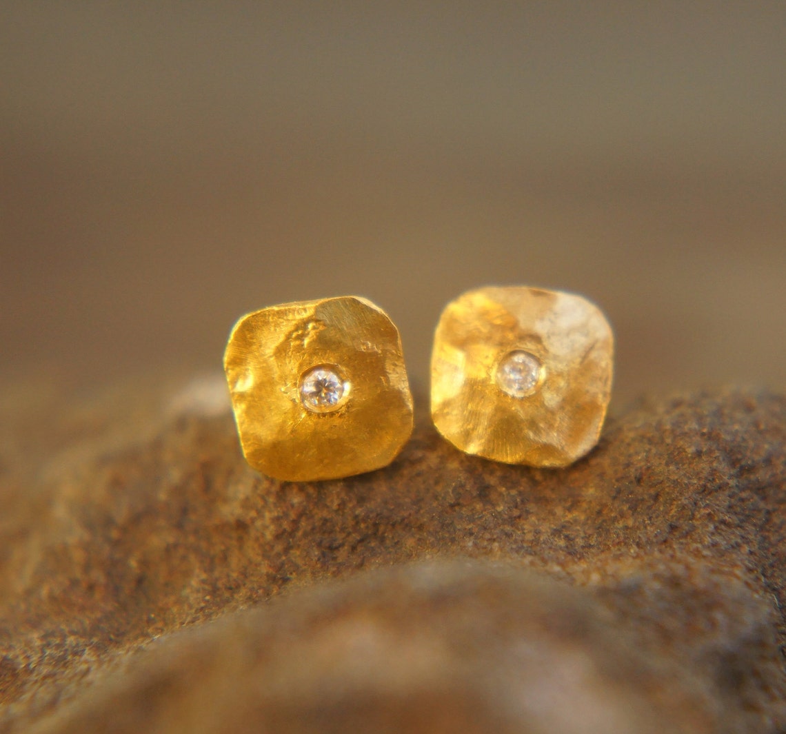 Square 24k Golddiamond Studs gold Diamond Earringsgold Stud | Etsy
