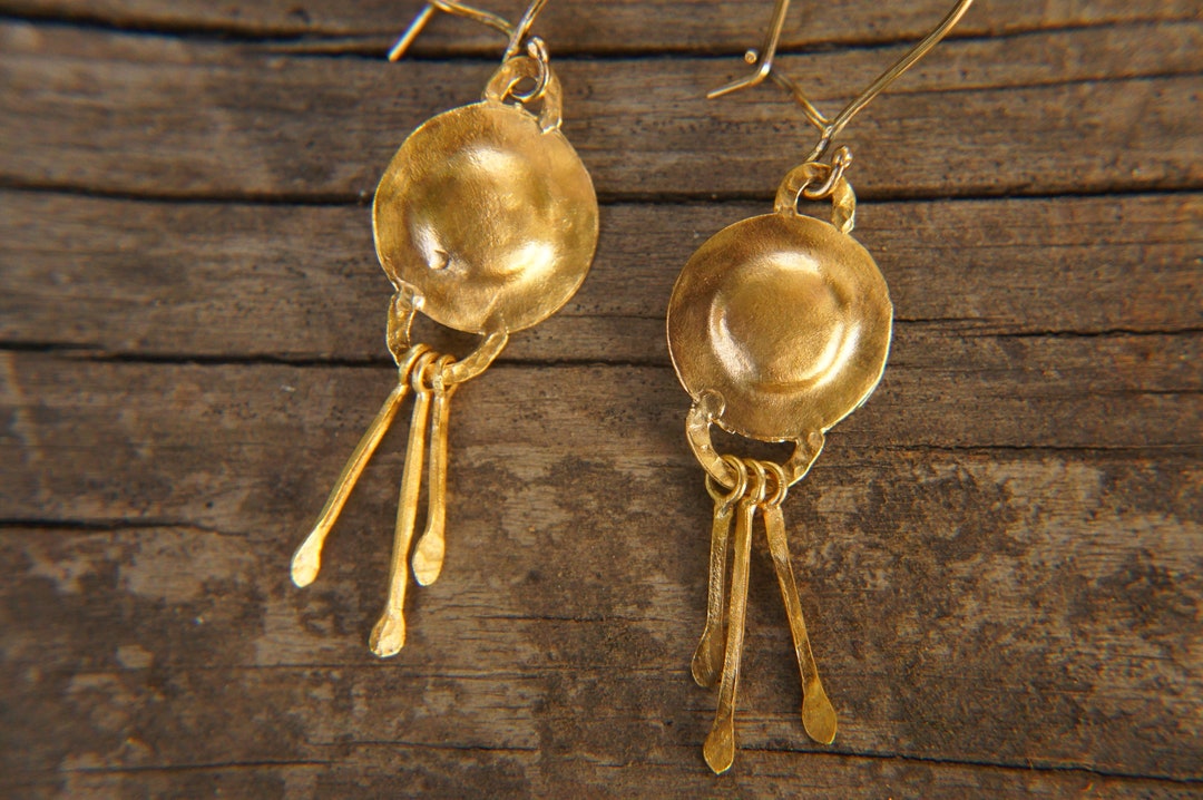 24k Gold Round Dangles//solid Gold Round Earrings//artisan Gold Dangle ...