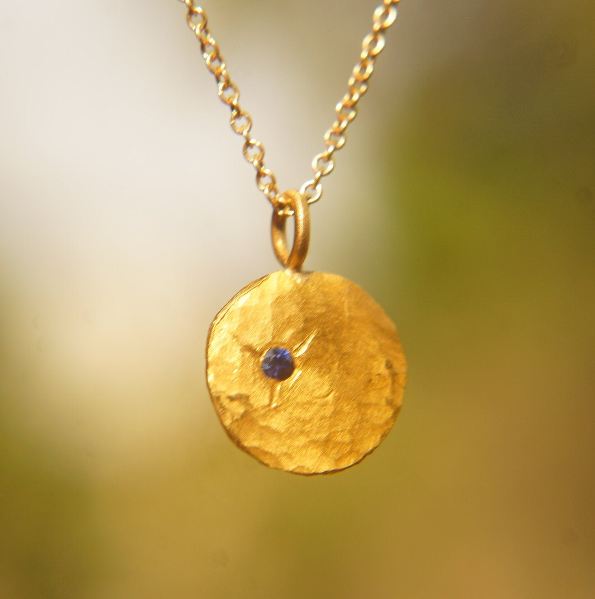 24k Gold Sapphire Charm Pendant Disc Pendant Gold Sapphire Pendant ...