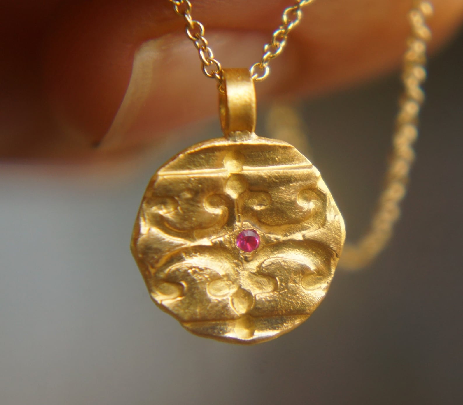 24k Gold Ruby Pendant//24k Gold Ruby Necklace//gold Hammered Ruby Pendant//artisan 24k Pendant ...