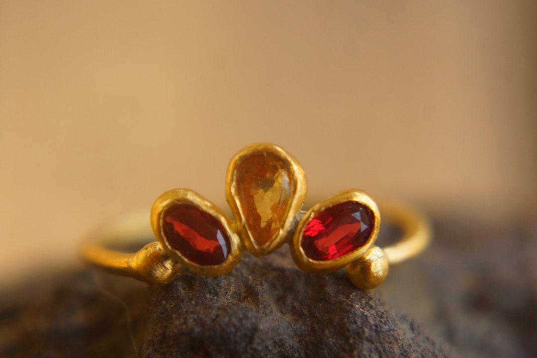 24k Gold Red and Yellow Sapphire Ring//artisan Multi Stone Ring//red ...