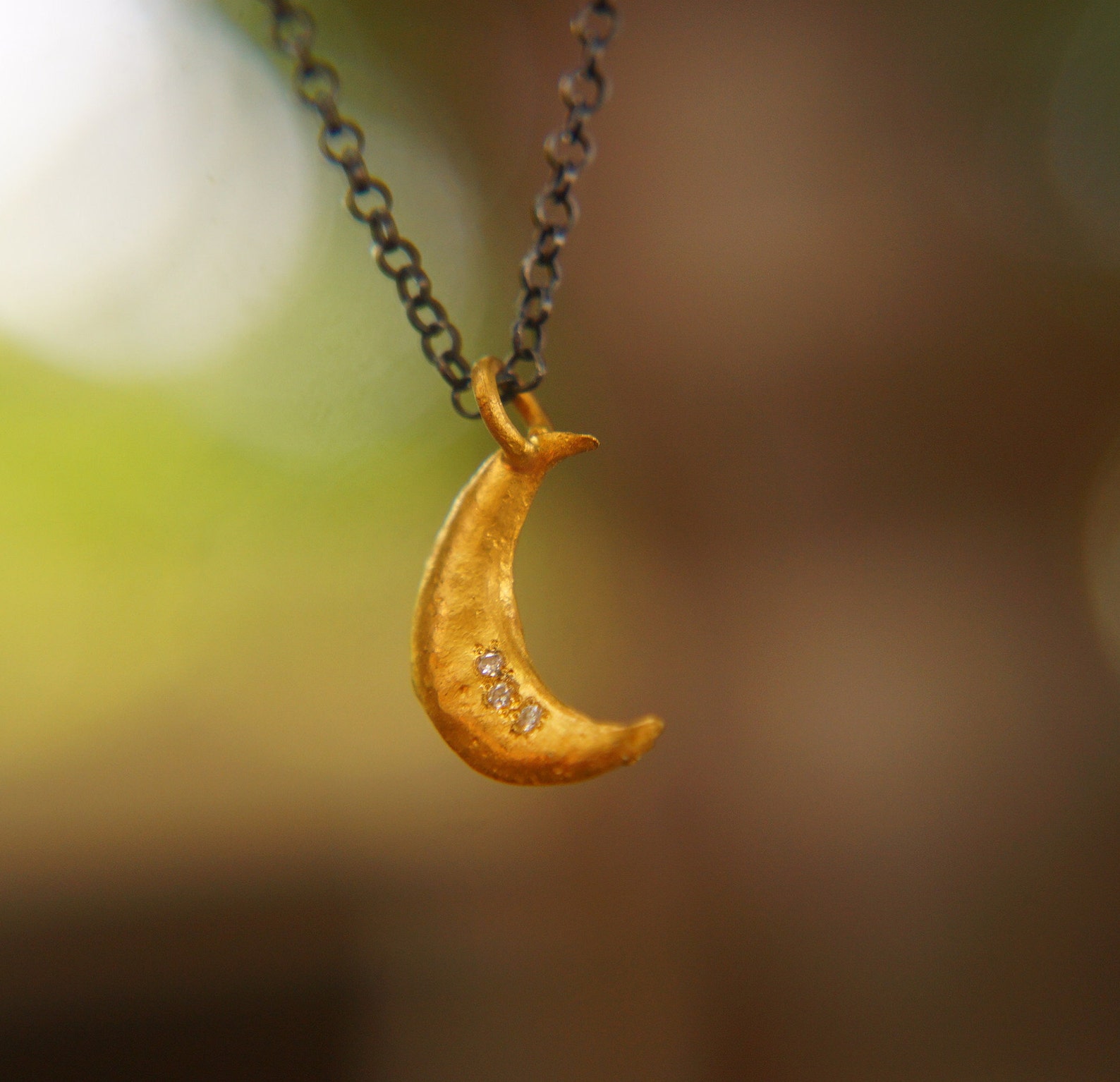 Diamonds Moon Pendant, Gold Hammered Necklace,organic Rustic Moon ...