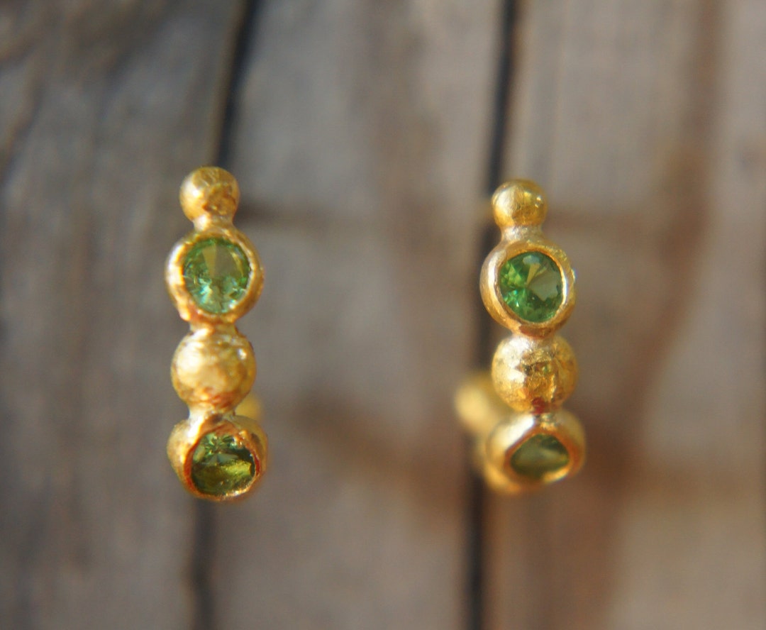 24k Gold Hoops, Hand Made Artisan Gold Hoops. Green Garnet Small Hoops ...