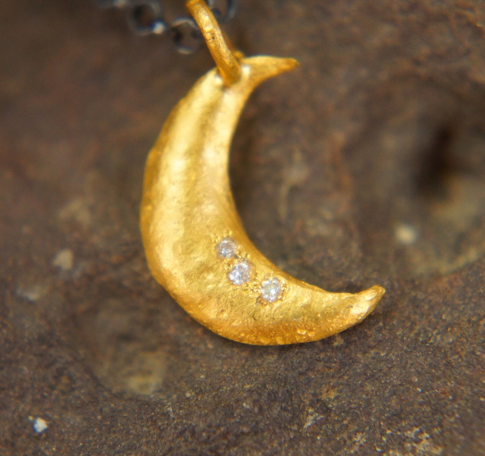 Diamonds Moon Pendant, Gold Hammered Necklace,organic Rustic Moon ...