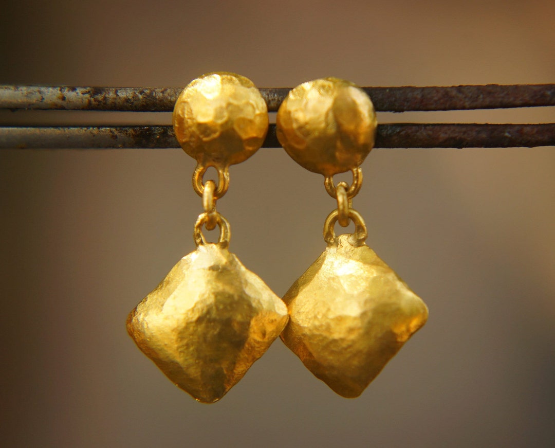24K Gold Dangle Earrings//solid Gold Dangles//24k Gold Square Earrings ...