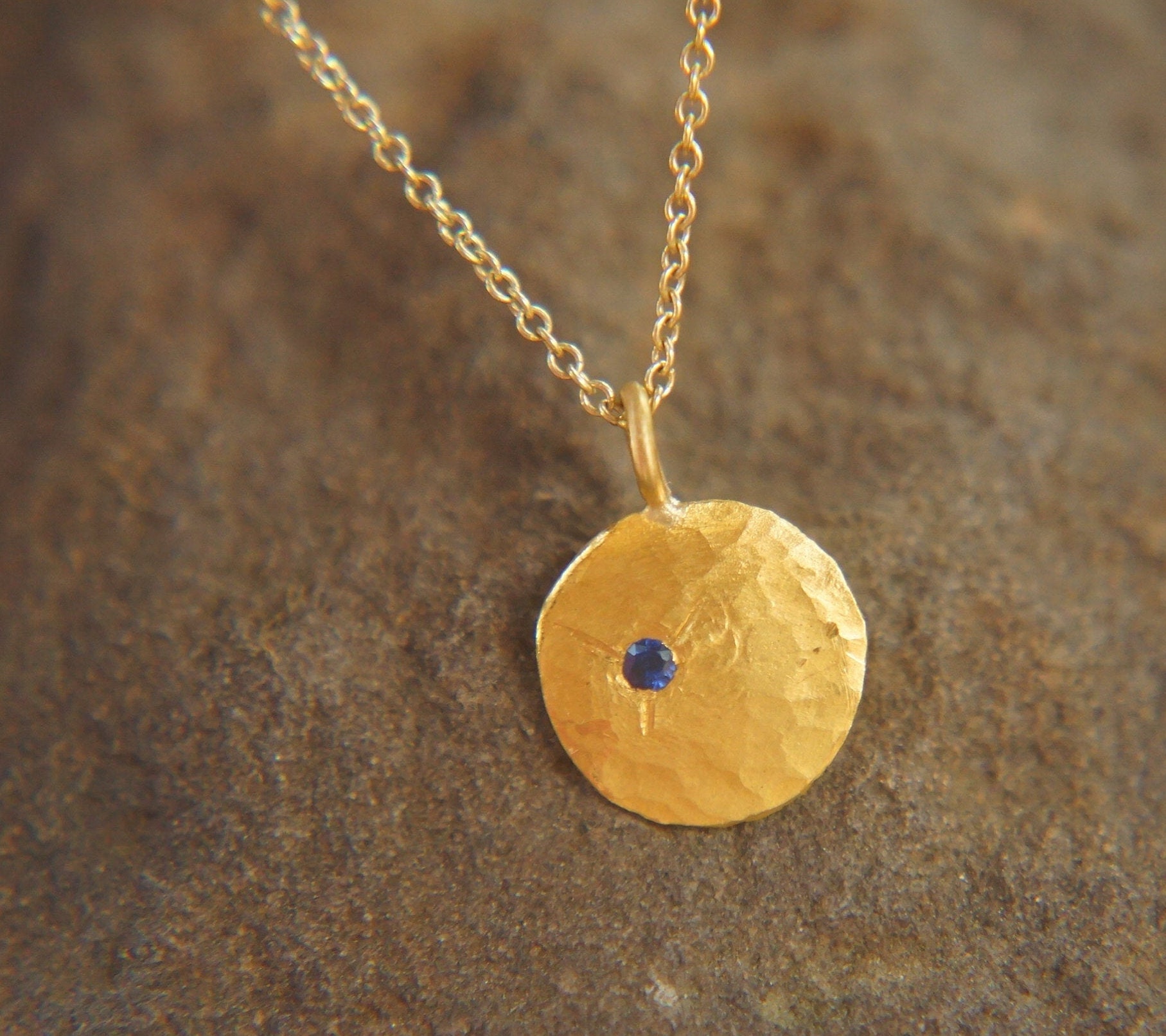 24k Gold Sapphire Charm Pendant Disc Pendant Gold Sapphire Pendant ...