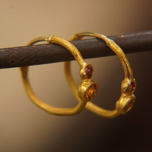 Red Gem Gold Hoops 24k Solid Gold, Hand Made Artisan Gold Hoops. Gold ...